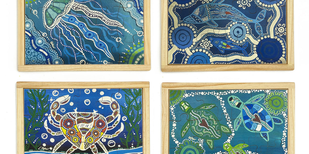 Aboriginal Art Sea Creatures Dreaming Puzzle Set of 4 — Education National